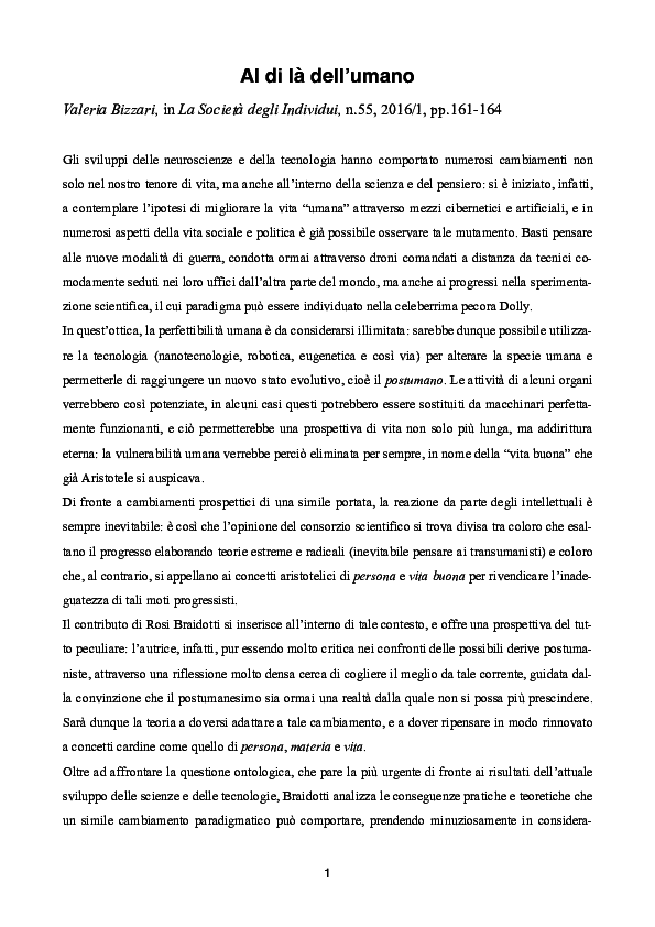 (PDF) Al di là dell'umano, "La Società degli Individui" 55, 2016/1
