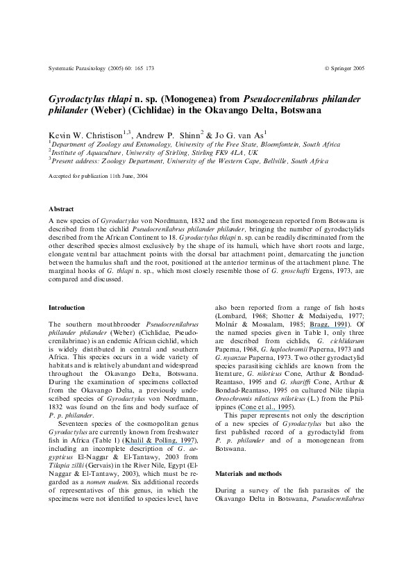 (PDF) Gyrodactylus thlapi n. sp. (Monogenea) from Pseudocrenilabrus ...