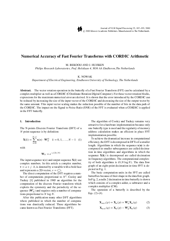 Pdf Numerical Accuracy Of Fast Fourier Transforms With Cordic Arithmetic