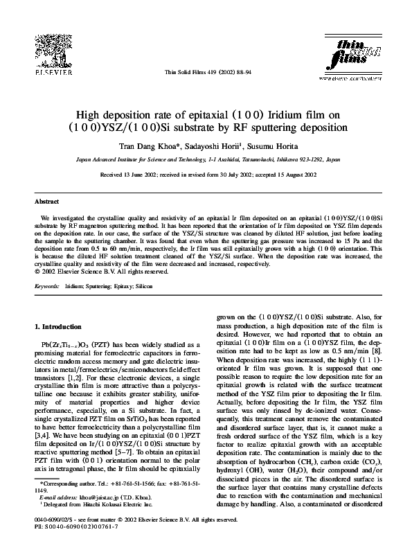 (PDF) High deposition rate of epitaxial (100) Iridium film on (100)YSZ ...