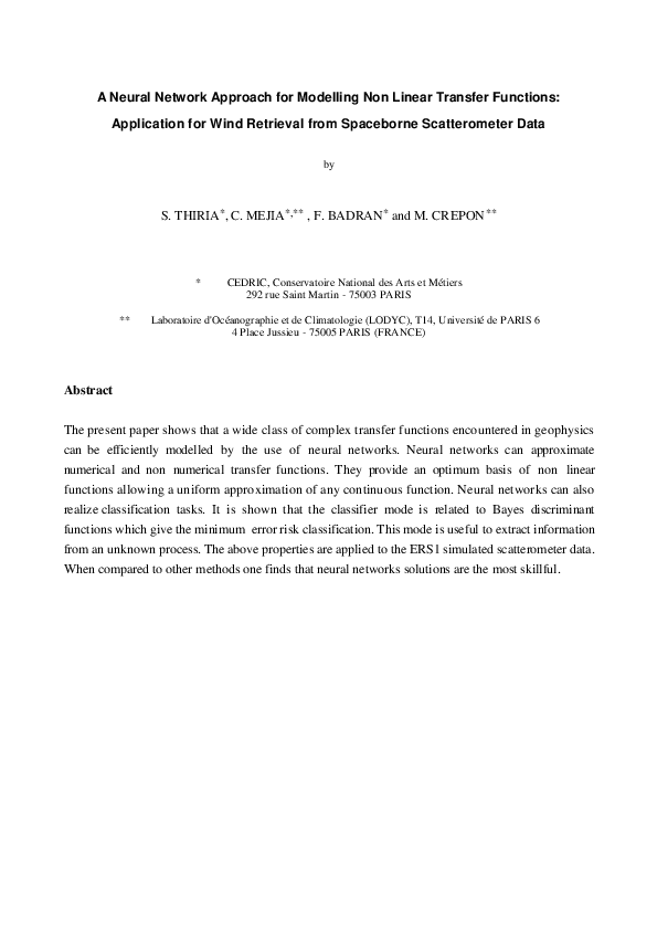 Pdf A Neural Network Approach For Modeling Nonlinear Transfer Functions Application For Wind