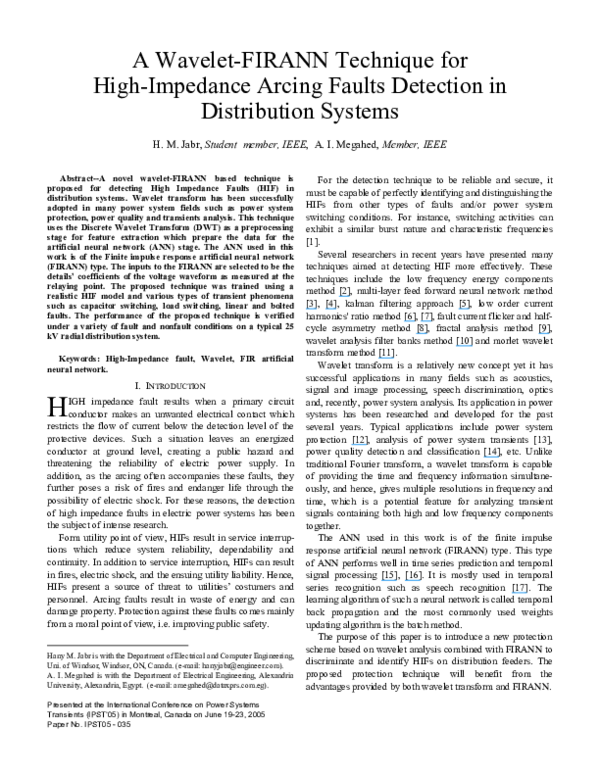 (PDF) A Wavelet-FIRANN Technique for High-Impedance Arcing Faults Detection in Distribution Systems