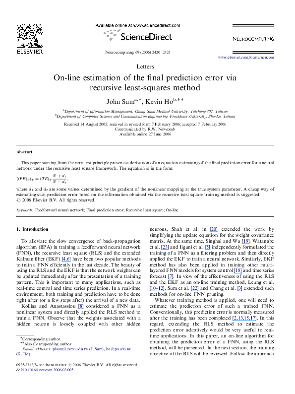Pdf On Line Estimation Of The Final Prediction Error Via Recursive
