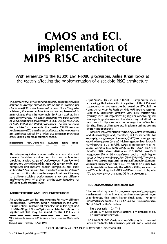 Pdf Cmos And Ecl Implementation Of Mips Risc Architecture