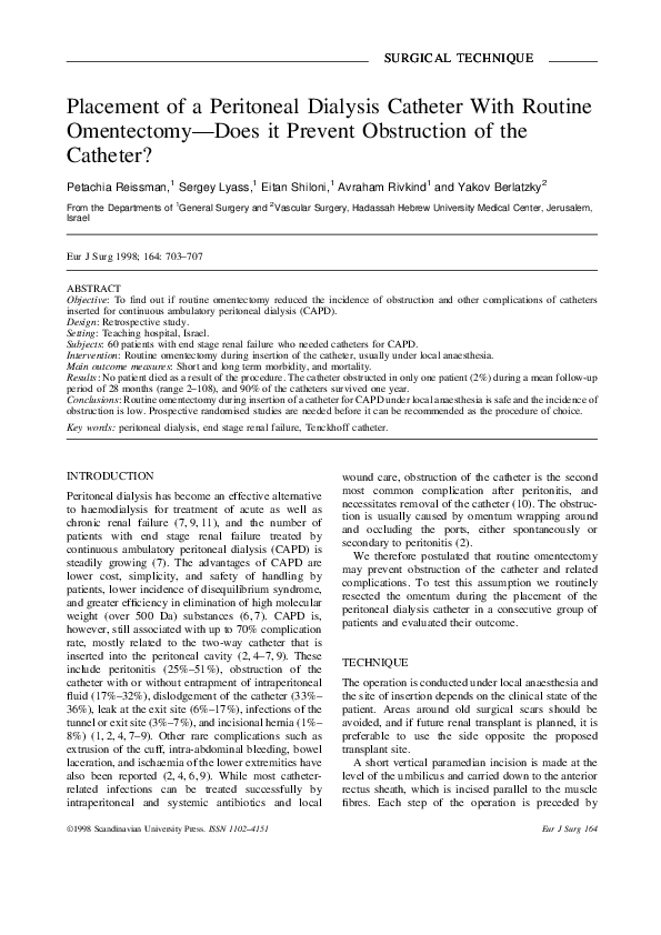 (PDF) Placement of a peritoneal dialysis catheter with routine omentectomy-does it prevent ...