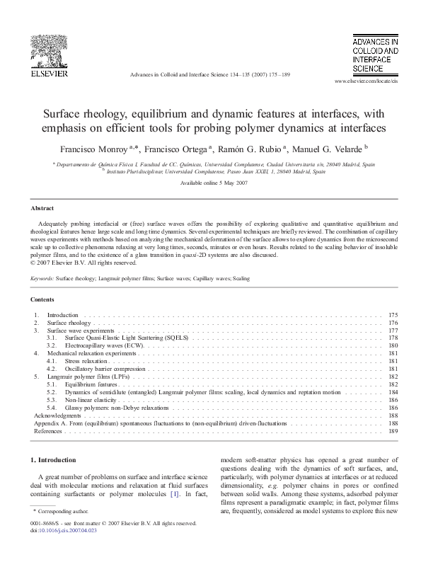 (PDF) Surface rheology, equilibrium and dynamic features at interfaces ...