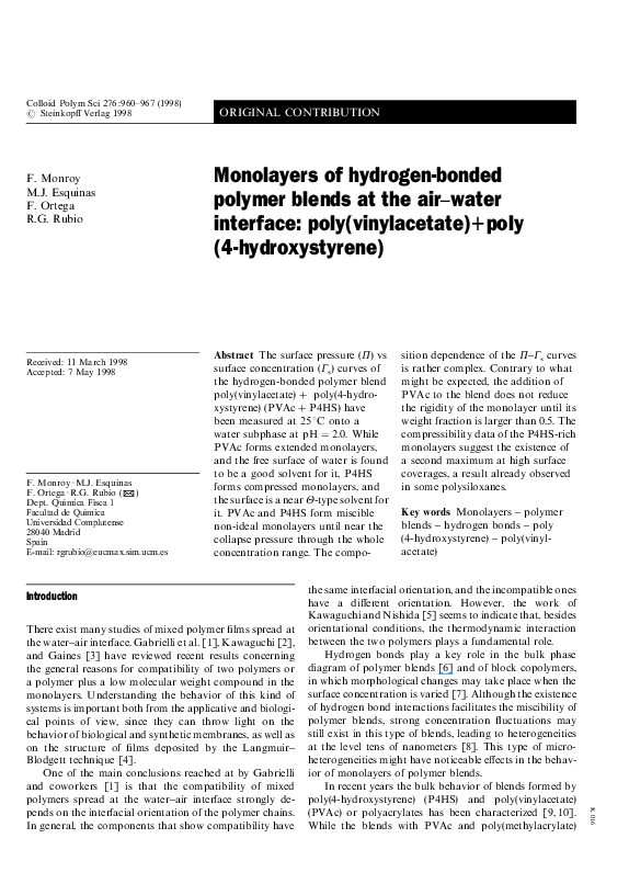 (PDF) Monolayers of hydrogen-bonded polymer blends at the air–water ...