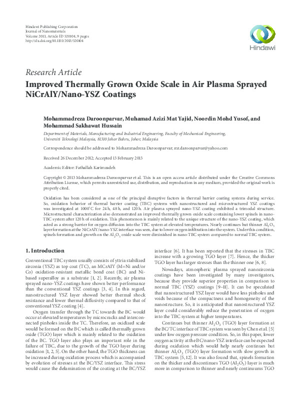 (PDF) Improved Thermally Grown Oxide Scale in Air Plasma Sprayed NiCrAlY/Nano-YSZ Coatings
