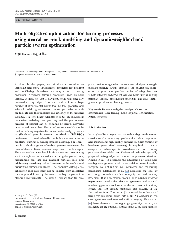 Pdf Multi Objective Optimization For Turning Processes Using Neural