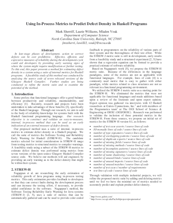 (PDF) Using In-Process Metrics to Predict Defect Density in Haskell Programs