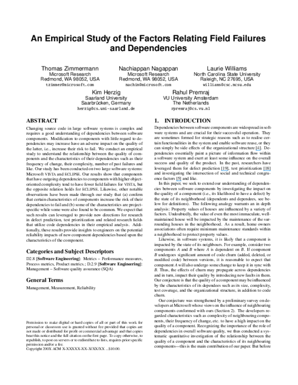 (PDF) An Empirical Study of the Factors Relating Field Failures and ...