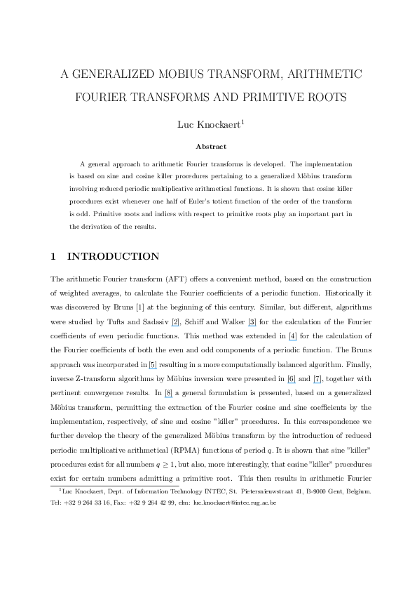 Pdf A Generalized Mobius Transform Arithmetic Fourier Transforms And Primitive Roots L 
