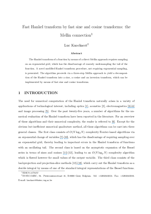 (PDF) Fast Hankel transform by fast sine and cosine transforms: the Mellin connection