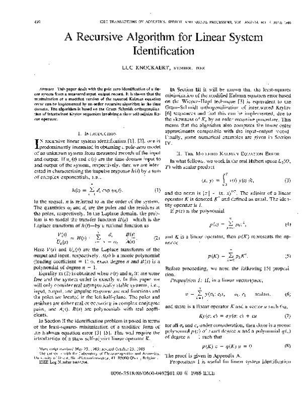 Pdf A Recursive Algorithm For Linear System Identification L