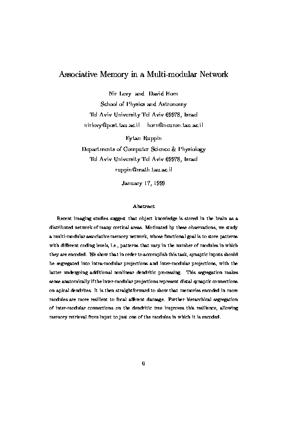 (PDF) Associative Memory in a Multi-modular Network | nir levi - Academia.edu