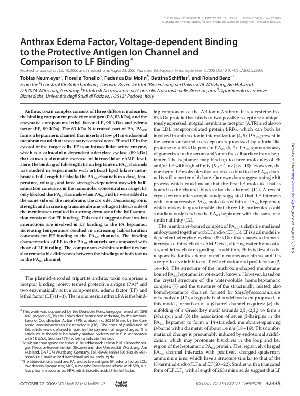(PDF) Anthrax Edema Factor, Voltage-dependent Binding to the Protective ...