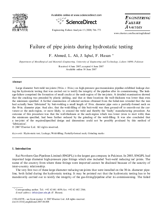 (PDF) Failure of pipe joints during hydrostatic testing