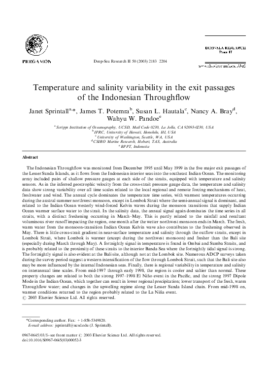 (PDF) Temperature and salinity variability in the exit passages of the Indonesian Throughflow