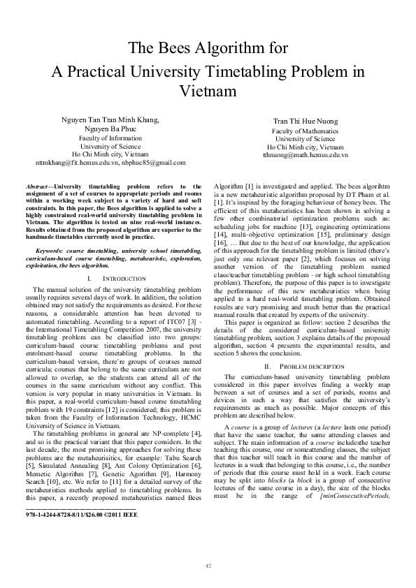 (PDF) The bees algorithm for a practical university timetabling problem in Vietnam