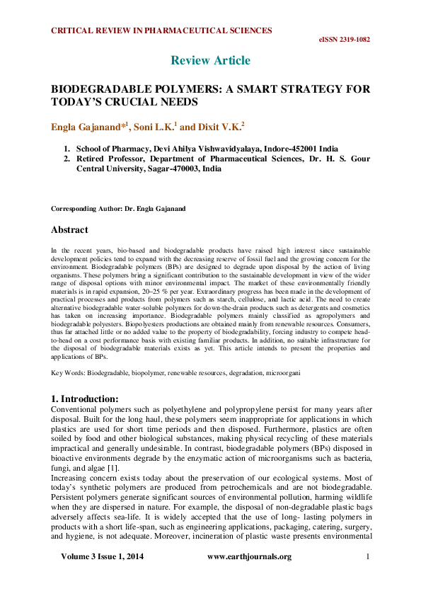 (PDF) BIODEGRADABLE POLYMERS: A SMART STRATEGY FOR TODAY'S CRUCIAL NEEDS