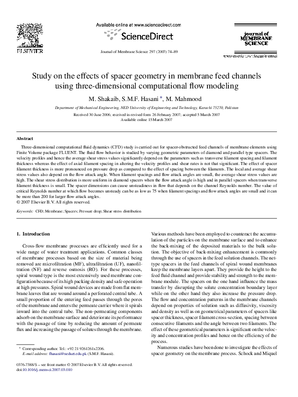 (PDF) Study on the effects of spacer geometry in membrane feed channels ...