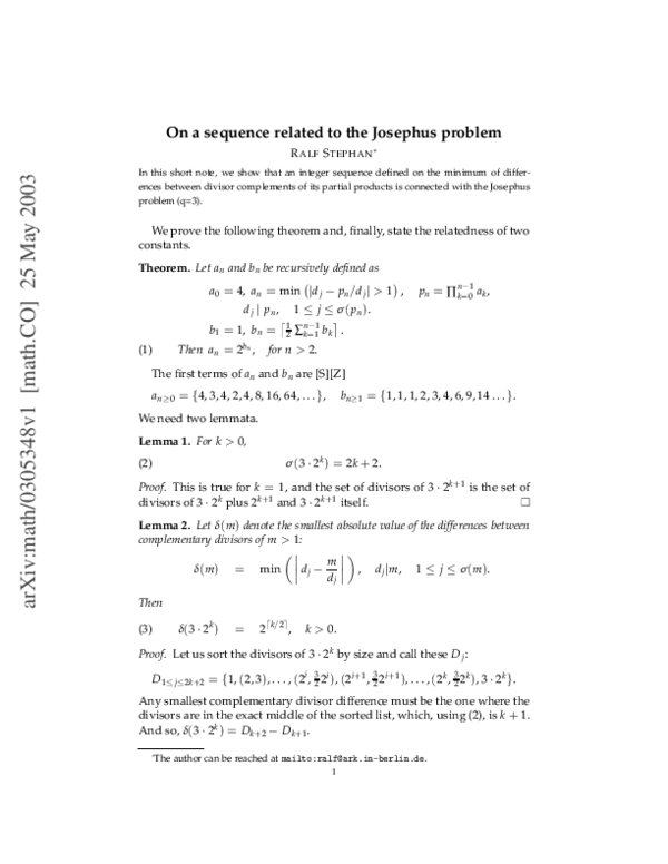 Pdf On A Sequence Related To The Josephus Problem
