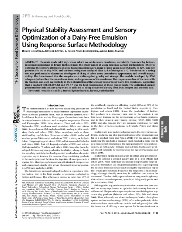 (PDF) Physical Stability Assessment and Sensory Optimization of a Dairy ...