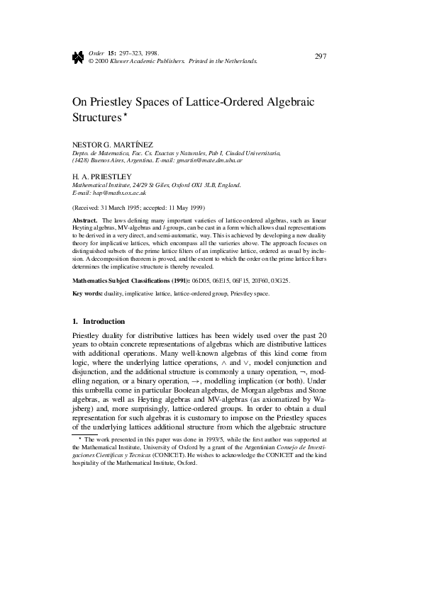 (PDF) On Priestley Spaces of Lattice-Ordered Algebraic Structures