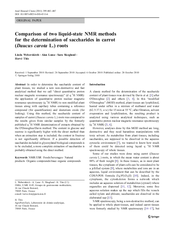 (PDF) Comparison of two liquid-state NMR methods for the determination of saccharides in carrot ...