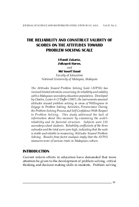 (PDF) The Reliability and Construct Validity of Scores on the Attitudes toward Problem Solving Scale