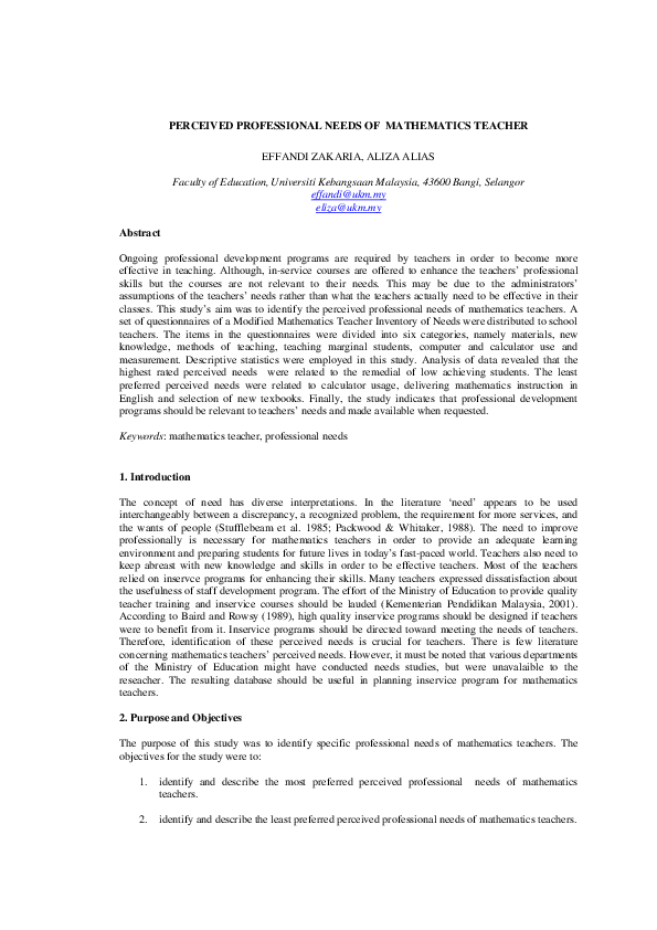 (PDF) Perceived Professional Needs of Mathematics Teacher