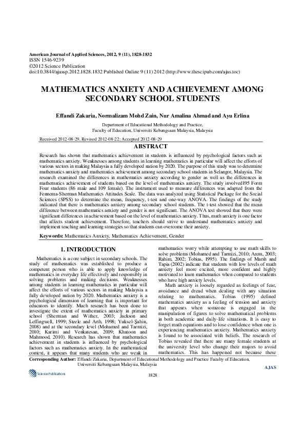 (PDF) Mathematics Anxiety and Achievement Among Secondary School Students