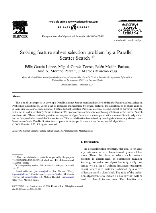 (PDF) Solving feature subset selection problem by a Parallel Scatter Search (PDF) Solving feature subset selection problem by a Parallel Scatter Search