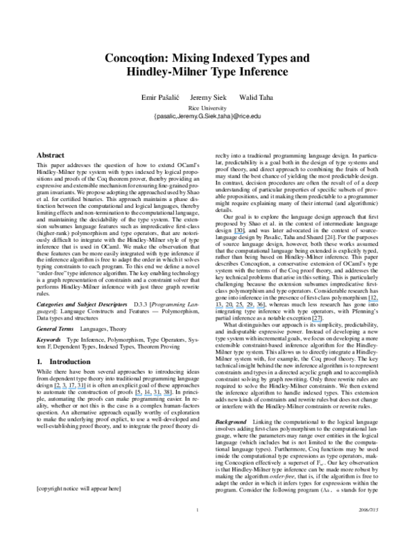 (PDF) Concoqtion: Mixing Indexed Types and Hindley-Milner Type Inference