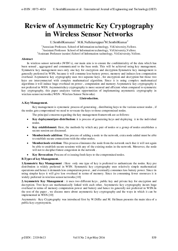 (PDF) Review of Asymmetric Key Cryptography in Wireless Sensor Networks