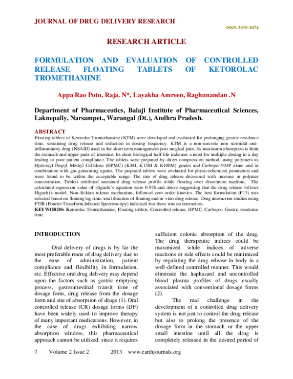 Pdf Formulation And Evaluation Of Controlled Release Floating Tablets