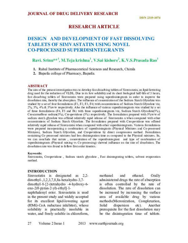(PDF) DESIGN AND DEVELOPMENT OF FAST DISSOLVING TABLETS OF SIMVASTATIN ...