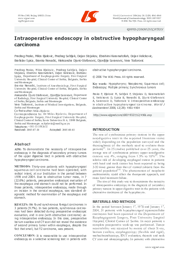(PDF) Intraoperative endoscopy in obstructive hypopharyngeal carcinoma