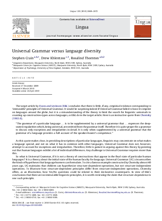 (PDF) Universal Grammar versus language diversity
