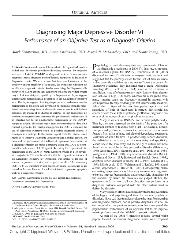 (PDF) Diagnosing Major Depressive Disorder VI: Performance of an ...