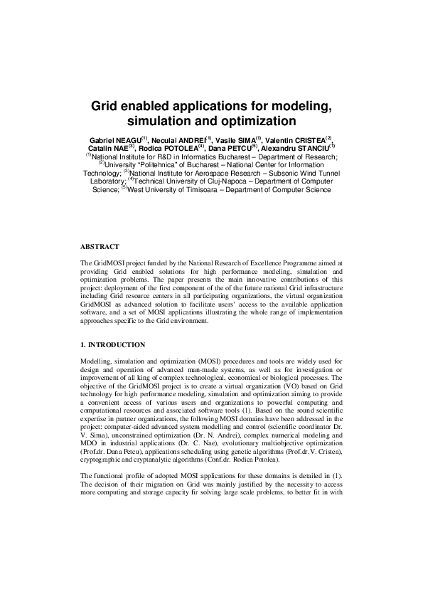 (PDF) GRID ENABLED APPLICATIONS FOR MODELING, SIMULATION AND OPTIMIZATION