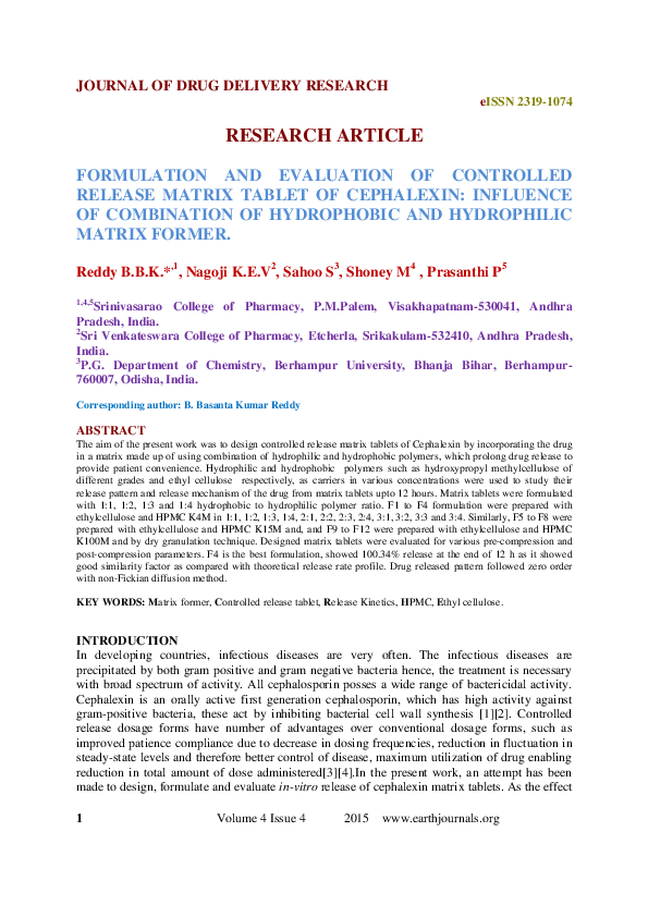 Pdf Formulation And Evaluation Of Controlled Release Matrix Tablet Of Cephalexin Influence Of