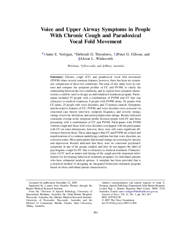 (PDF) Voice and Upper Airway Symptoms in People With Chronic Cough and ...