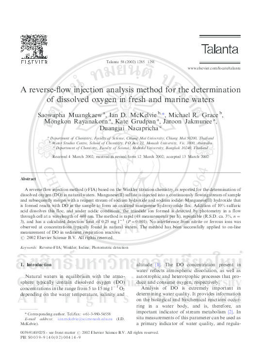 Pdf A Reverse Flow Injection Analysis Method For The Determination Of Dissolved Oxygen In