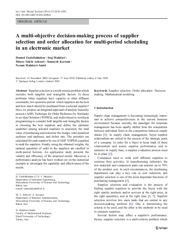 Pdf A Multi Objective Decision Making Process Of Supplier Selection