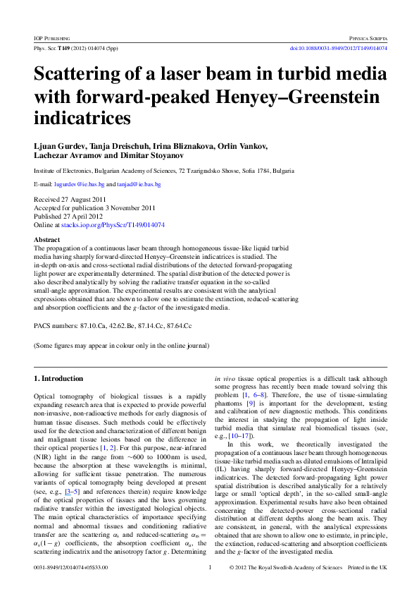 (PDF) Scattering of a laser beam in turbid media with forward-peaked ...