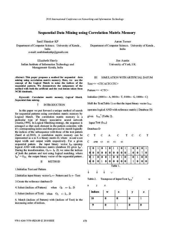 Pdf Sequential Data Mining Using Correlation Matrix Memory
