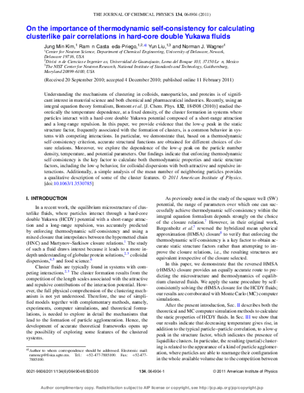 (PDF) On the importance of thermodynamic self-consistency for calculating clusterlike pair ...