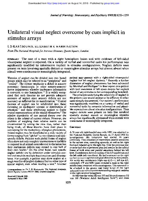 (PDF) Unilateral visual neglect overcome by cues implicit in stimulus ...