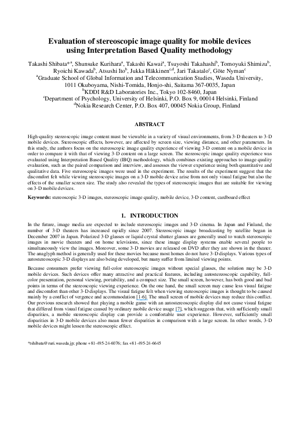 (PDF) Evaluation of stereoscopic image quality for mobile devices using interpretation based ...